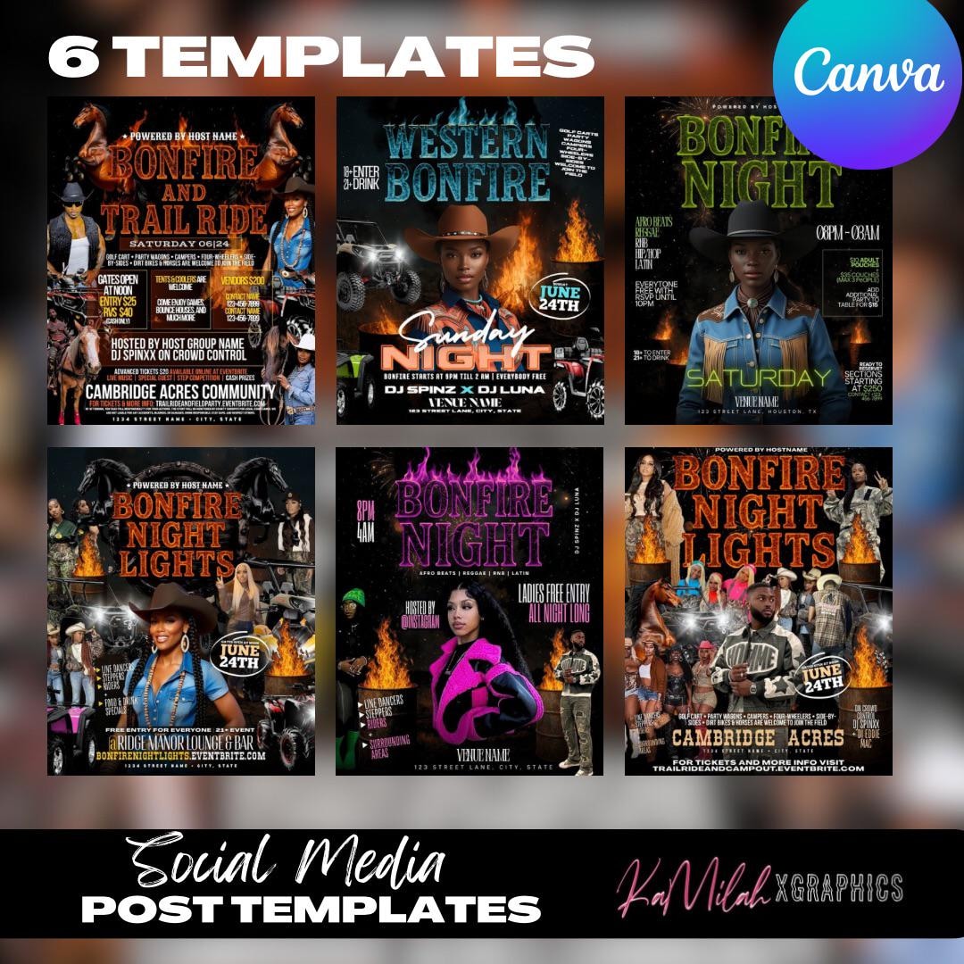 Bonfire Flyer (6 TEMPLATES), Western Party Flyer, Birthday Western ...