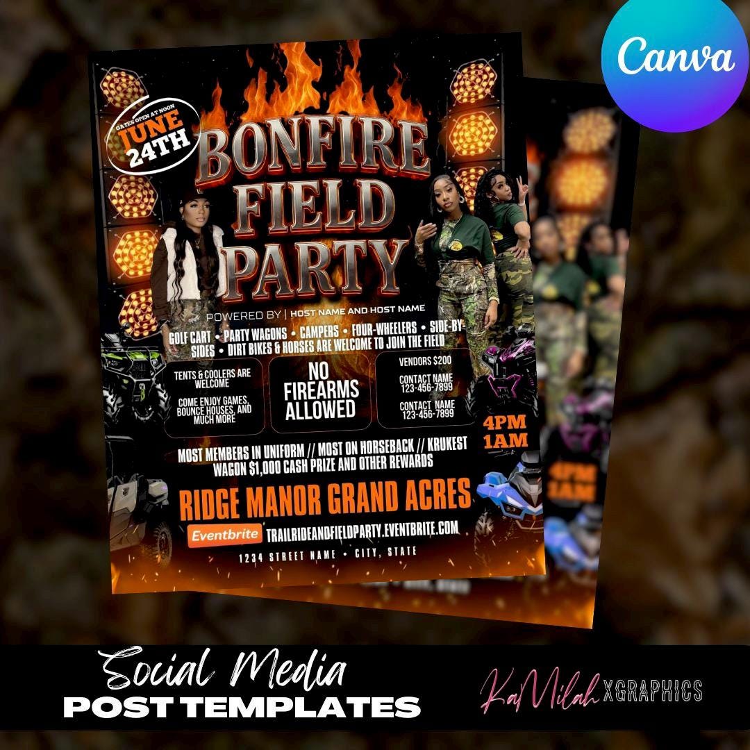 Bonfire Field Party Flyer Template, Camo Rodeo Theme (editable Canva ...