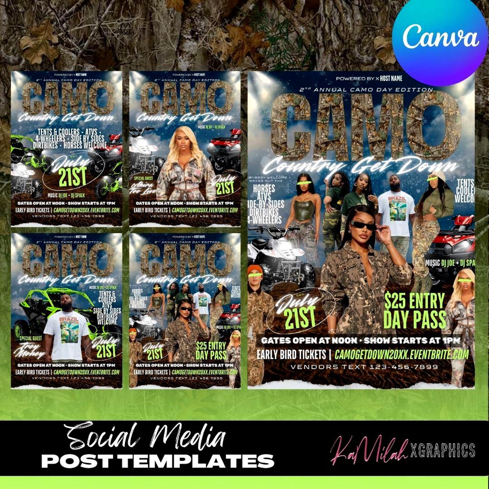 Camo Party Flyer Templates, ATV, Dirtbike (canva Editable, Digital ...