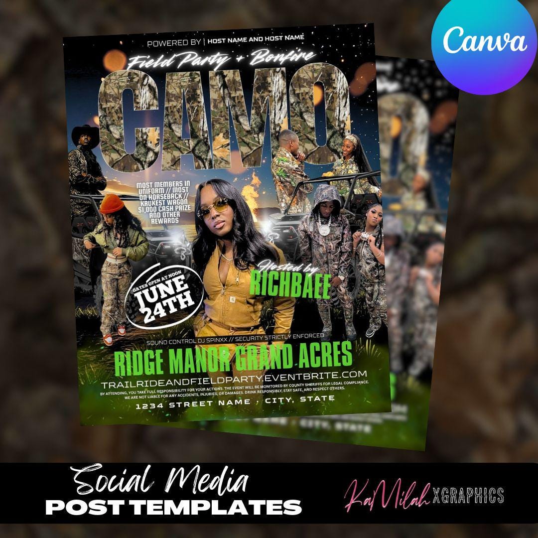 Camo Field Party Flyer, Bonfire Event, Trail Ride (canva Template) - Etsy