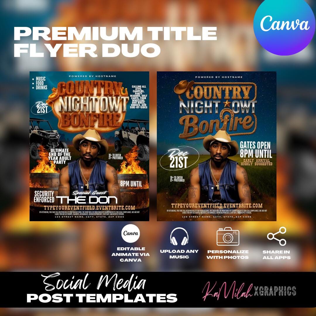 Bonfire Party Flyer Template, Western, Camo (2 Templates, Canva ...