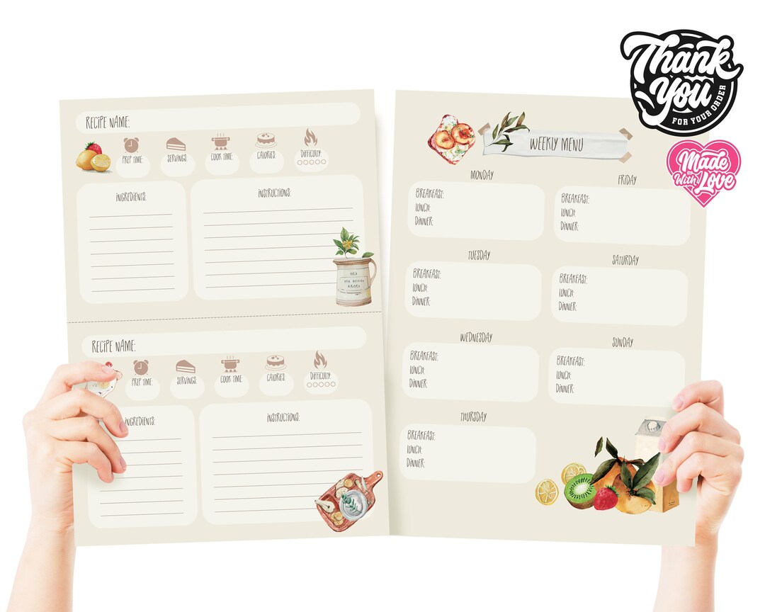 Printable Recipe Cards and Weekly Menu Template PDF, Cute and Simple ...