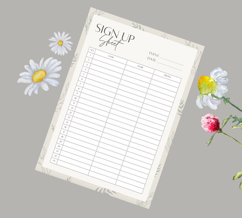 Beautiful Floral Sign up Sheet PDF Template, Printable Sign up Sheet ...
