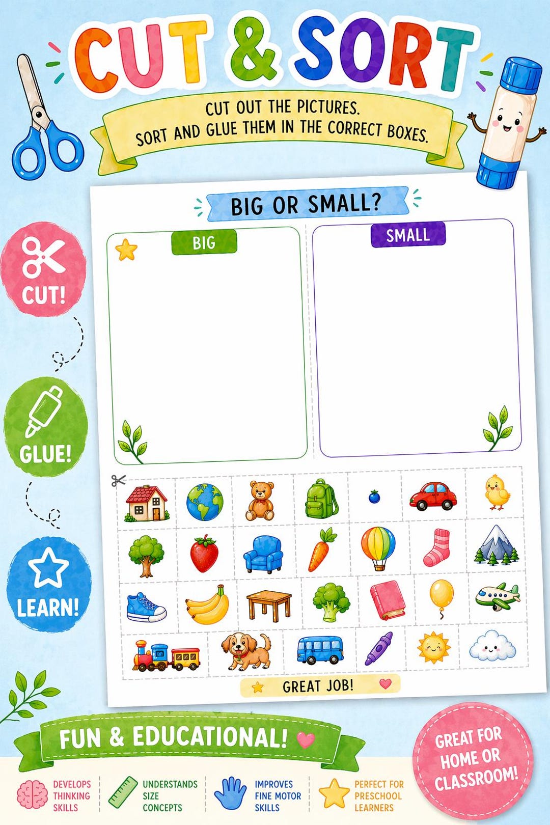Big or Small Sorting Activity | Cut and Paste Worksheet | Preschool ...