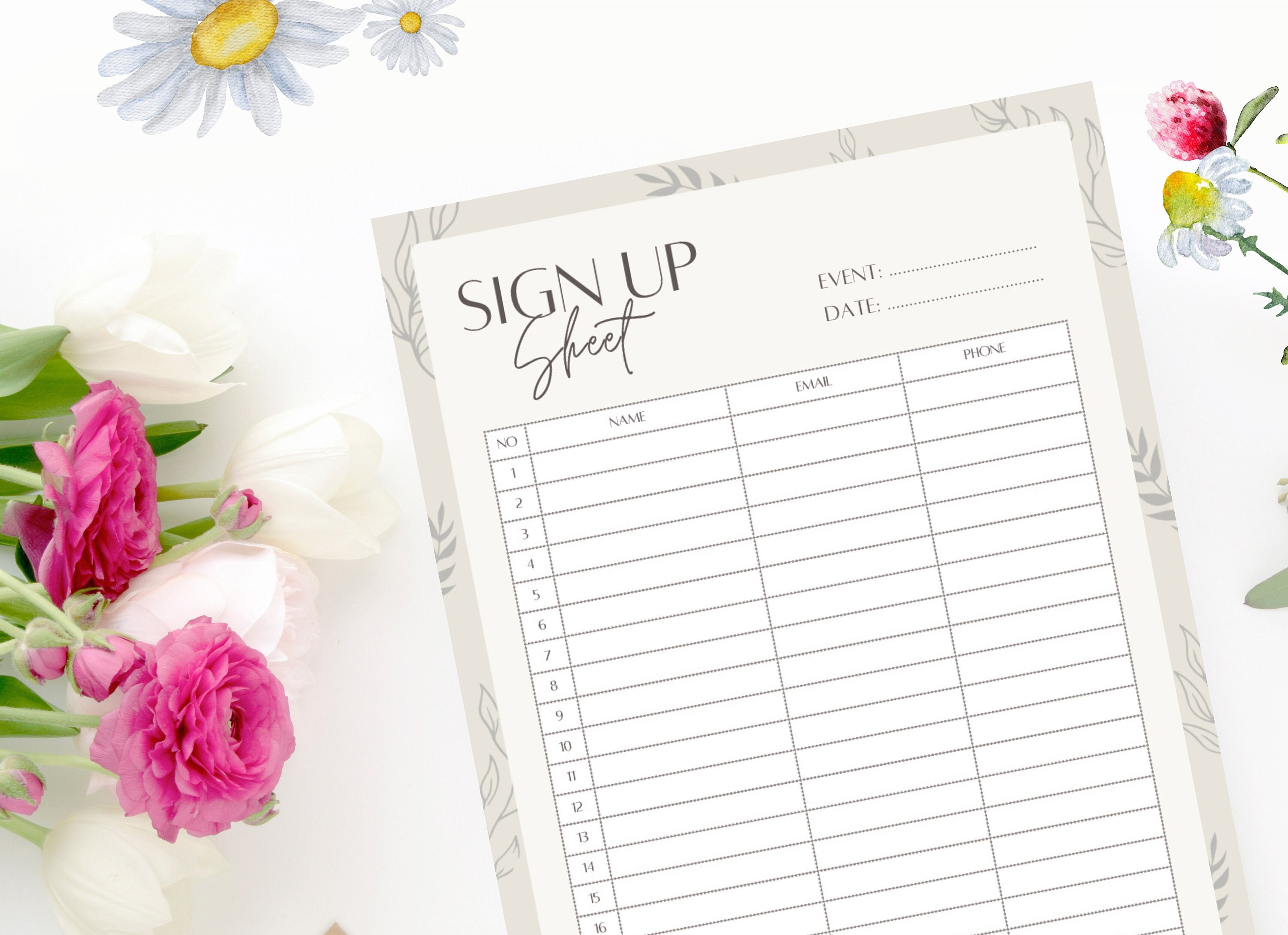 Beautiful Floral Sign up Sheet PDF Template, Printable Sign up Sheet ...