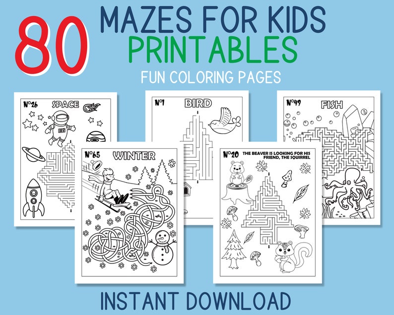 80 Mazes to Print for Kids With Solutions Fun Activities and - Etsy