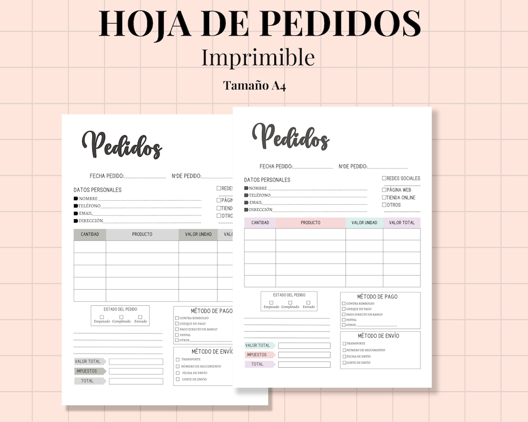 Hoja de pedidos imprimible en español para pequeños negocios - Etsy España