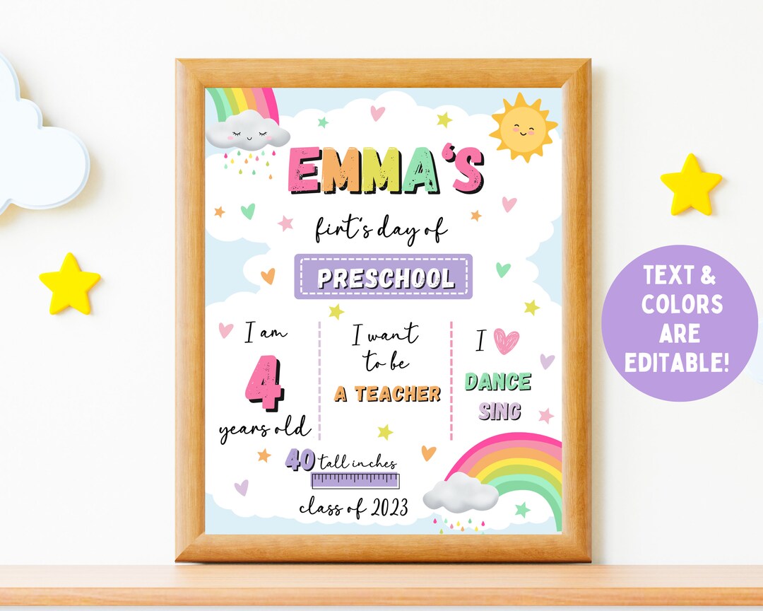 Editable First Day of Preschool Sign Rainbow First and Last - Etsy