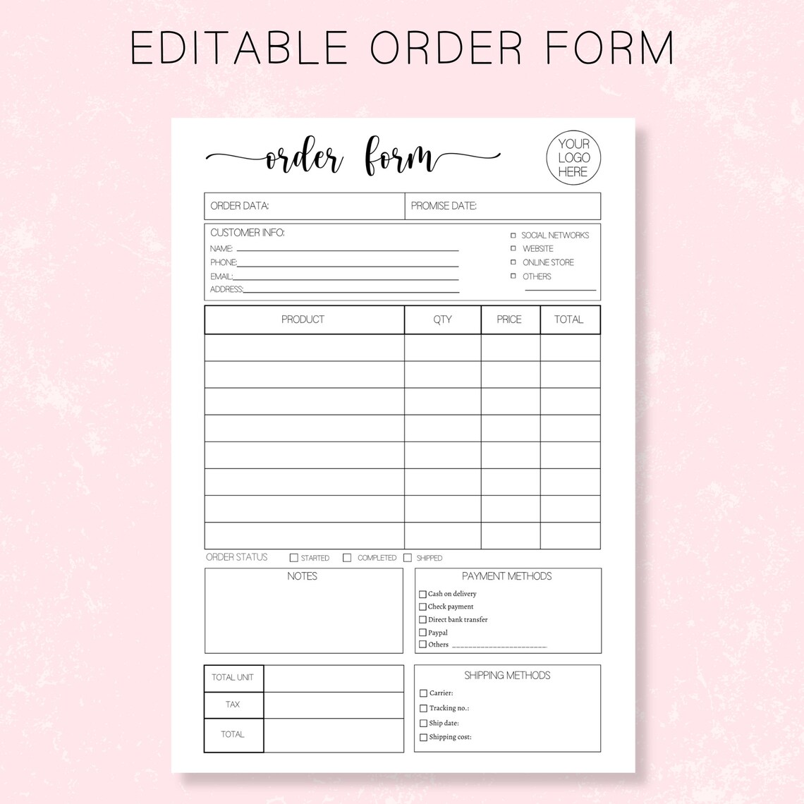Editable Order Form Template for Small Businesses Keep Track of Your ...