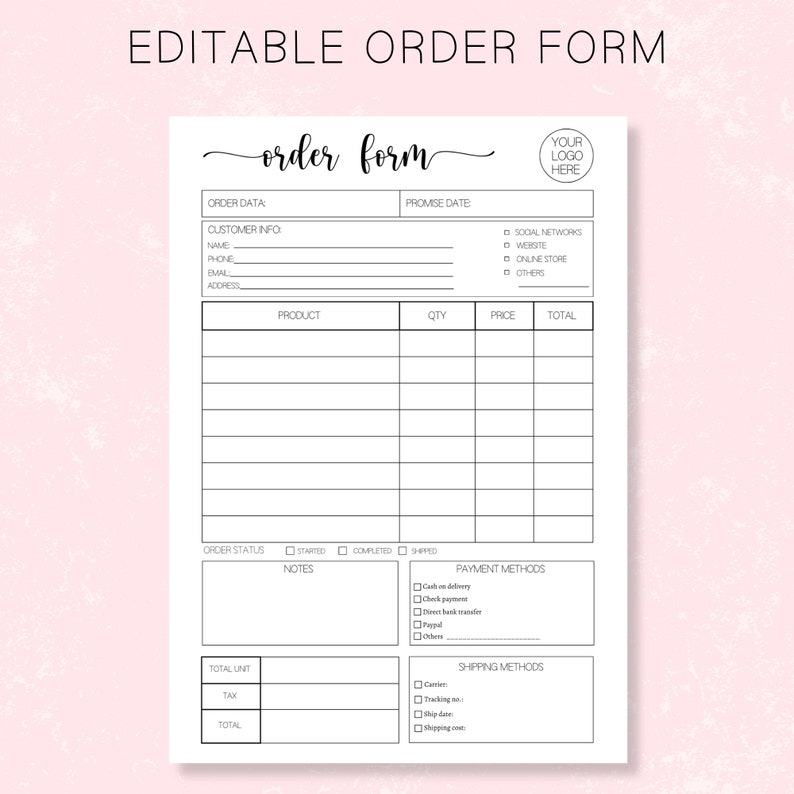 Editable Order Form Template for Small Businesses Keep Track of Your ...