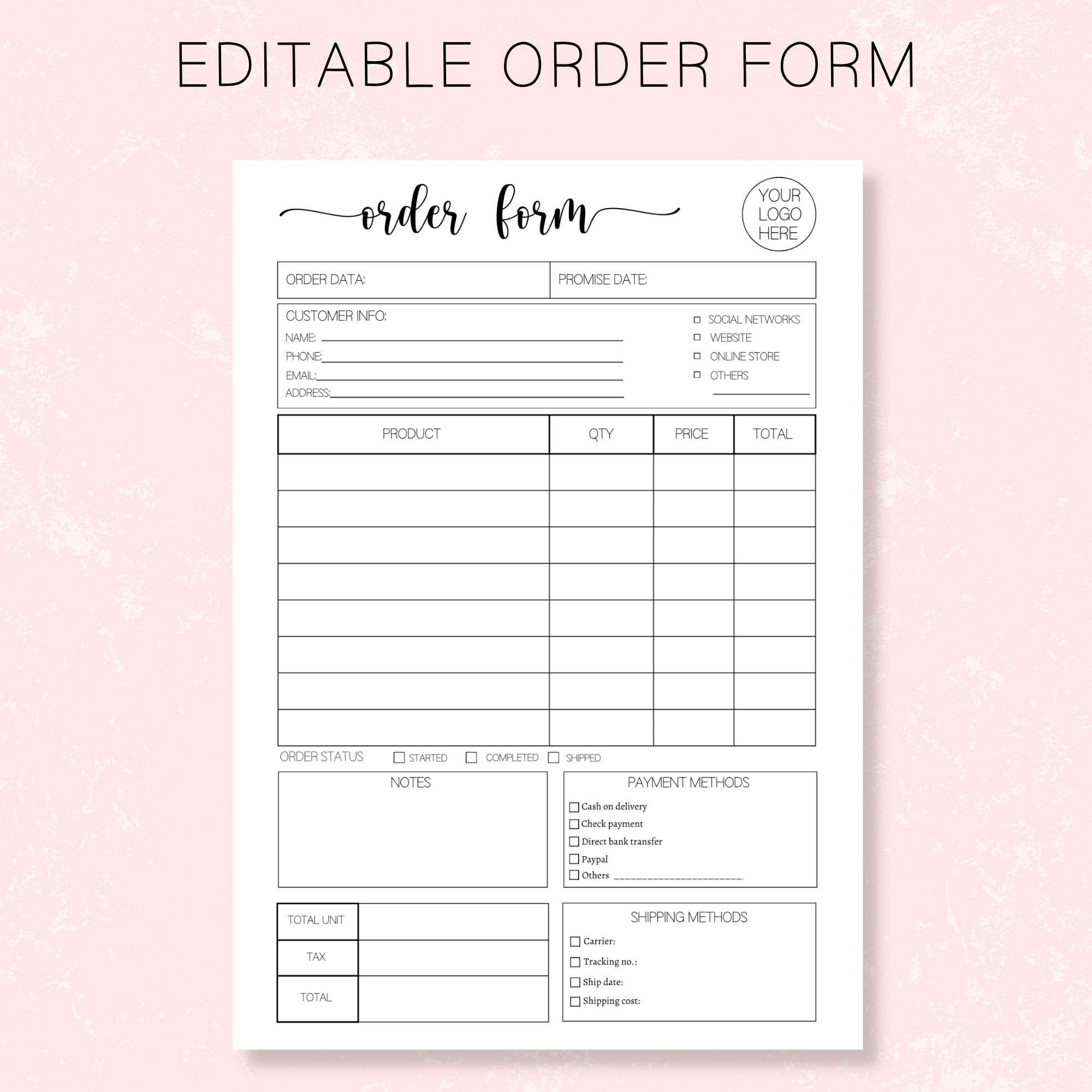 Editable Order Form Template for Small Businesses Keep Track of Your ...