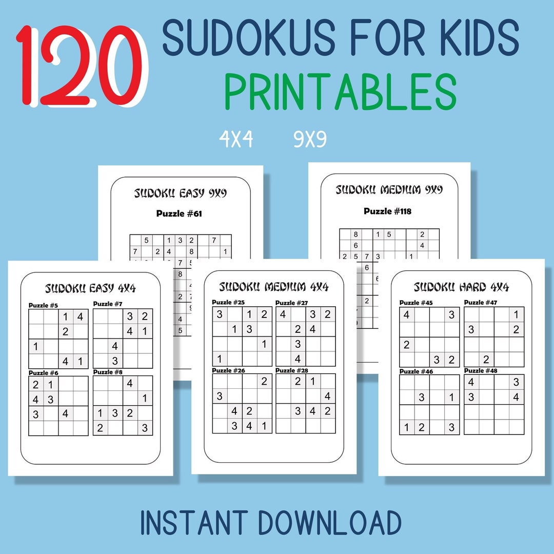 Sudoku for Kids Printable 4x4 9x9 120 Puzzles With Solutions Instant ...