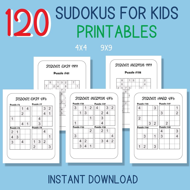 Sudoku for Kids Printable 4x4 9x9 120 Puzzles With Solutions Instant ...