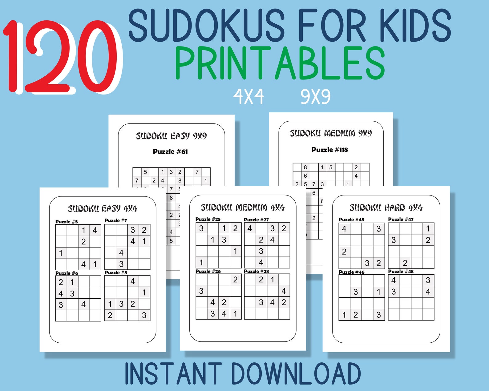 Sudoku for Kids Printable 4x4 9x9 120 Puzzles With Solutions - Etsy