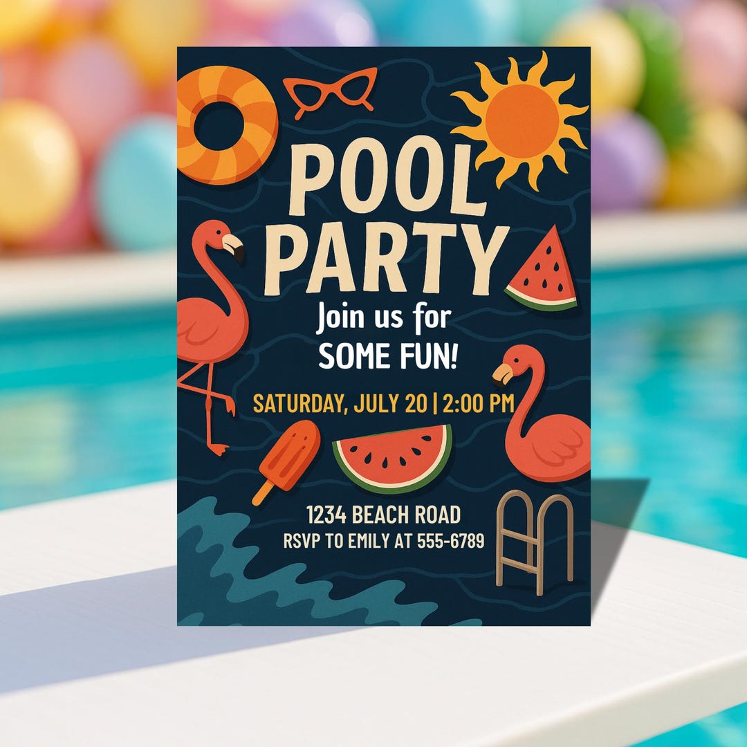 Retro Pool Party Invitation Editable Printable Flamingo Summer Birthday ...
