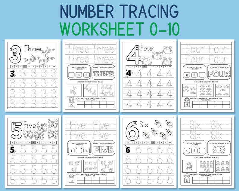 Number Tracing Worksheets 0-10: Preschool Math Activities (PDF) - Etsy