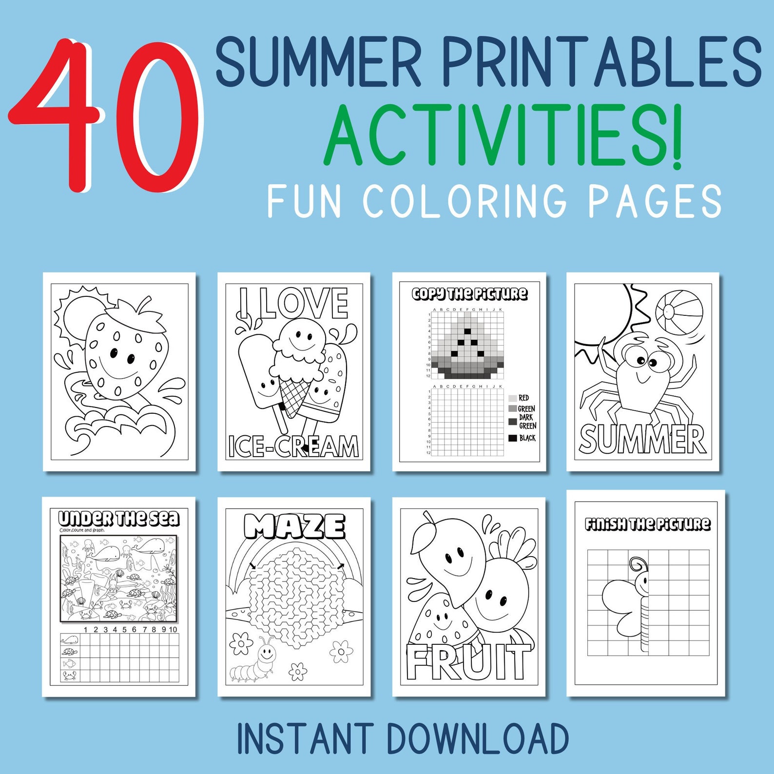 40 Summer Printable Kids Activities, Summer Coloring Pages for Kids ...