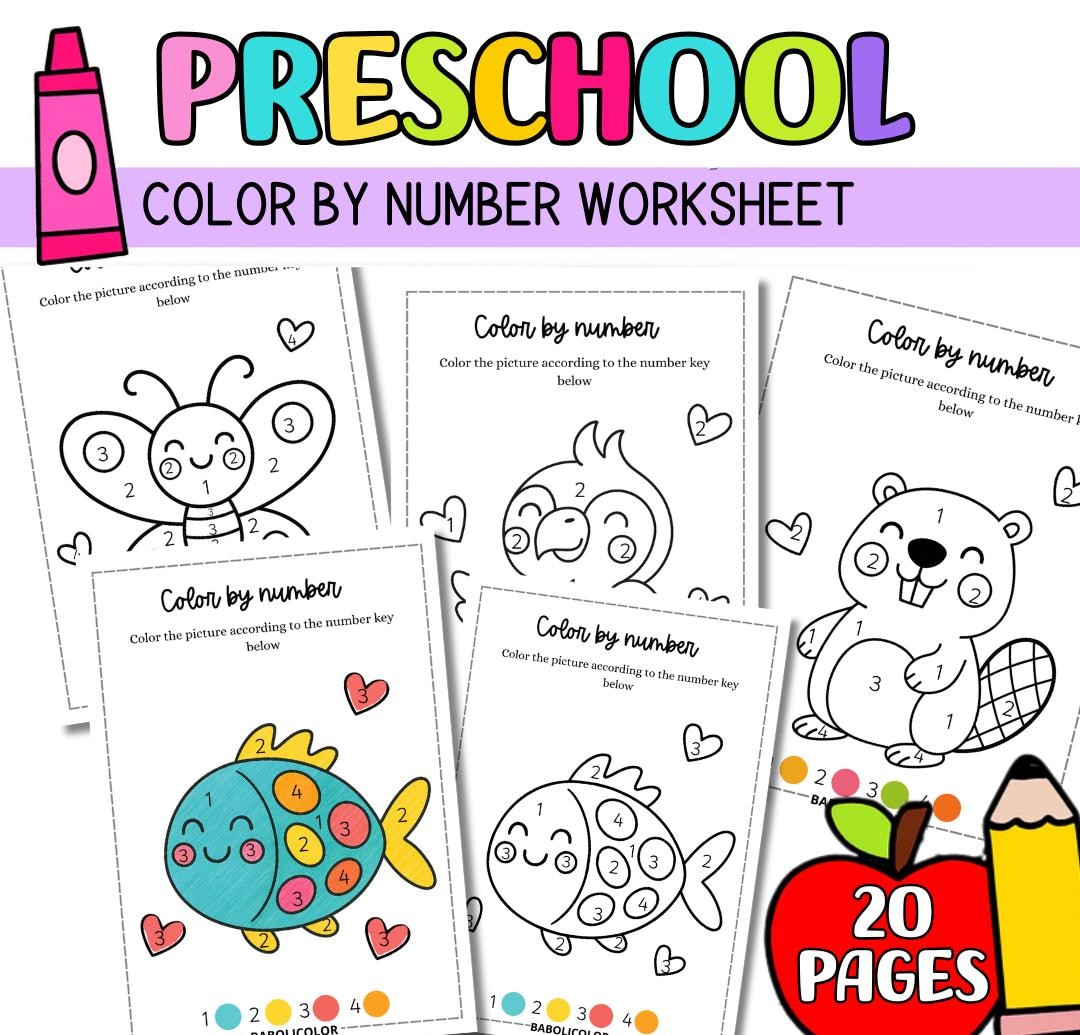 Preschool Color by Number Worksheets, Animal Coloring Pages (PDF) - Etsy