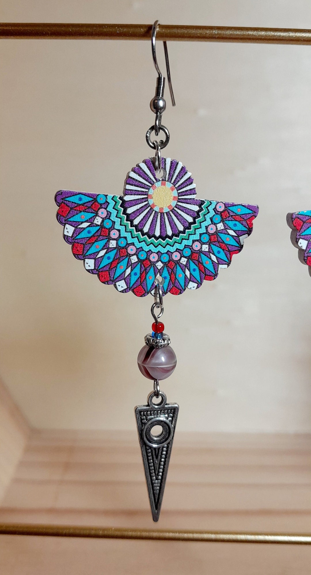 Maya Spirit Earrings, Dangling Earrings, Wooden Charm, Boho Spirit ...
