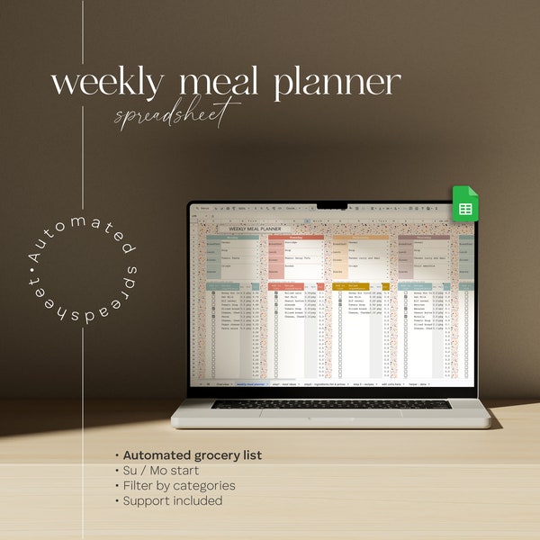 Weekly Meal Planner Spreadsheet Google Sheets Etsy