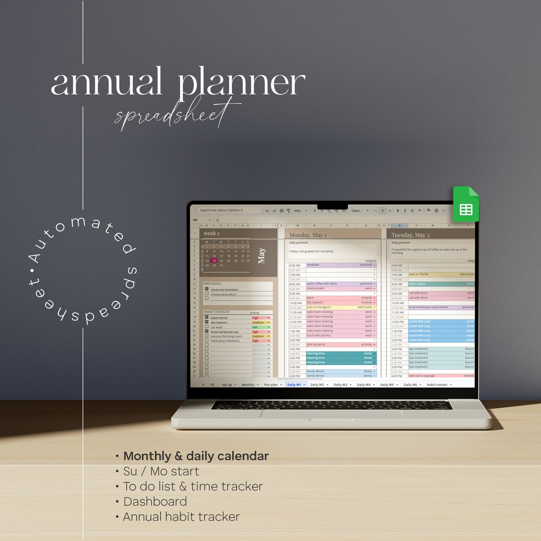 Digital Annual Spreadsheet Planner, Daily to Do List Google Sheets ...
