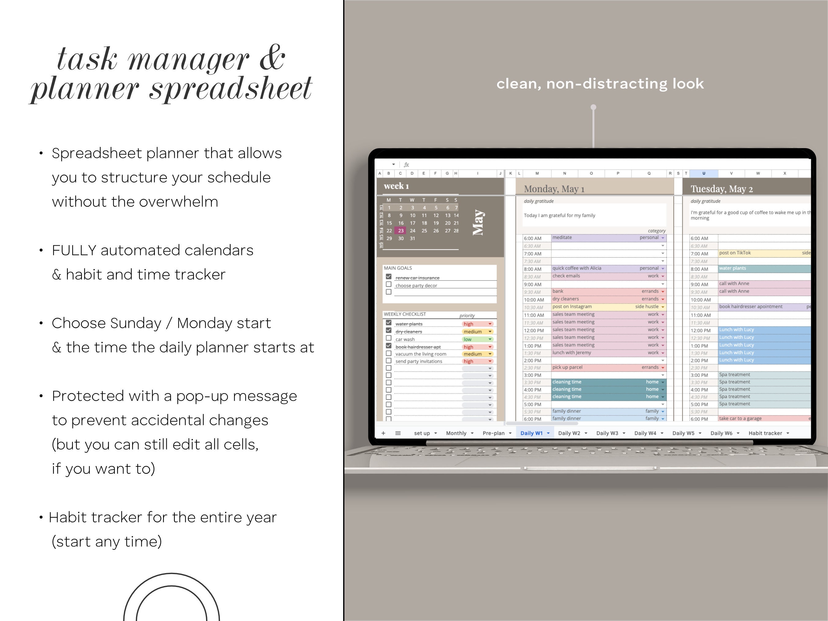 Spreadsheet Planner for Google Sheets & Excel: Life Planner | Time ...