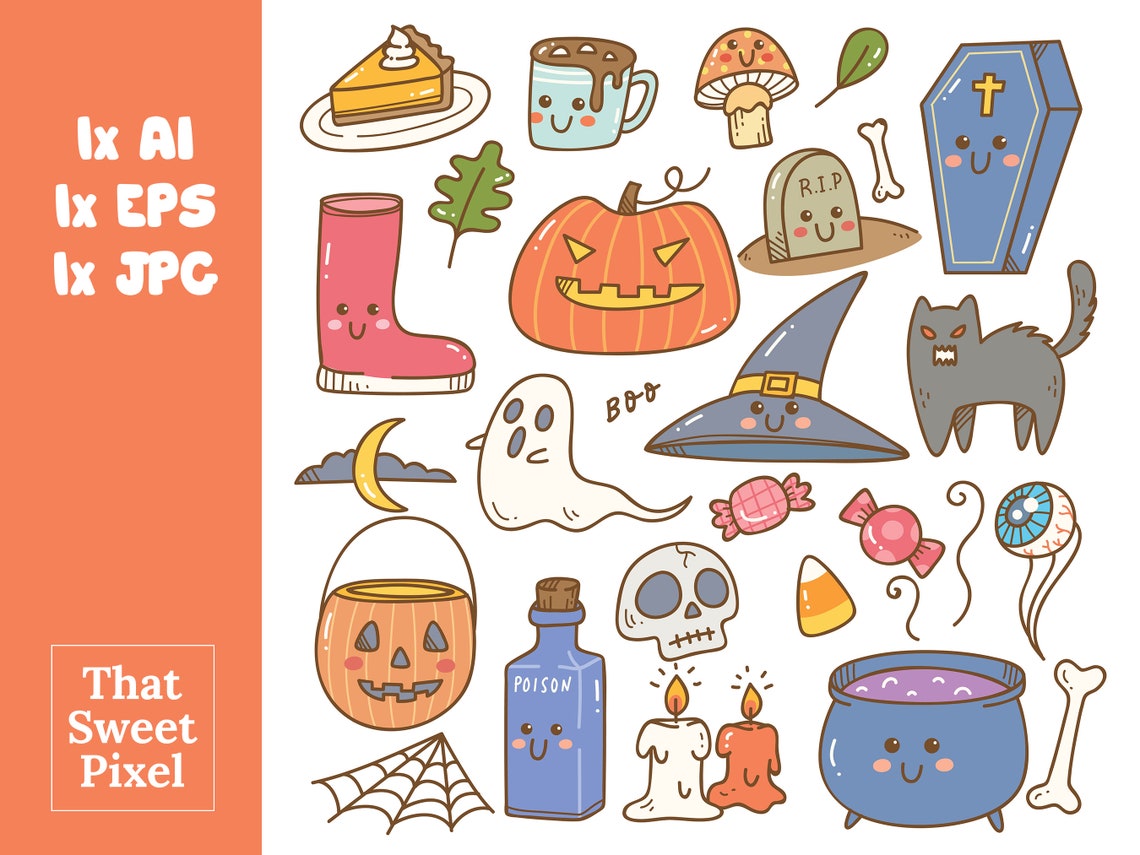 Cute Kawaii Clipart Halloween Colorful Illustration Graphics - Etsy