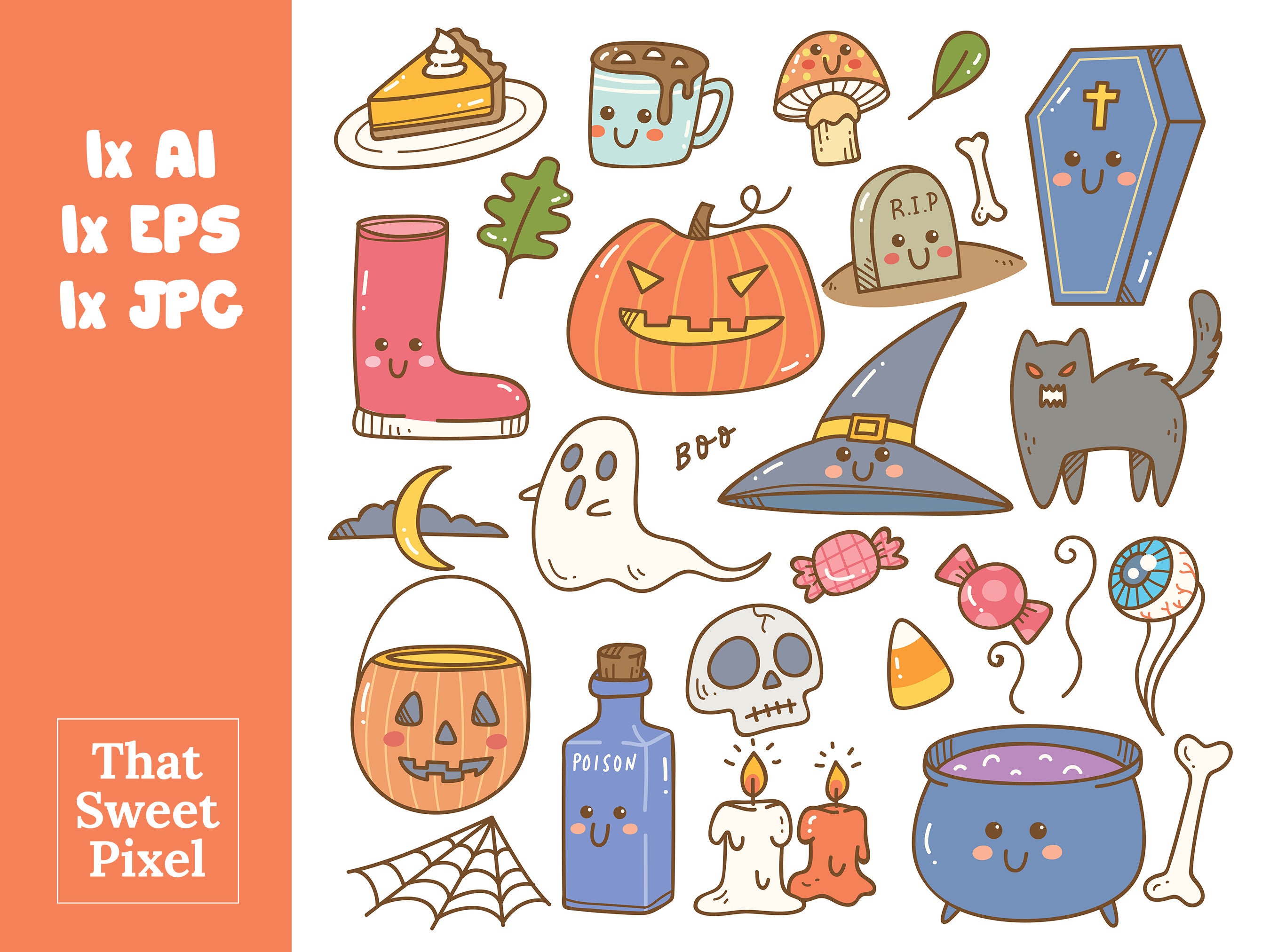 Cute Kawaii Clipart Halloween Colorful Illustration Graphics - Etsy