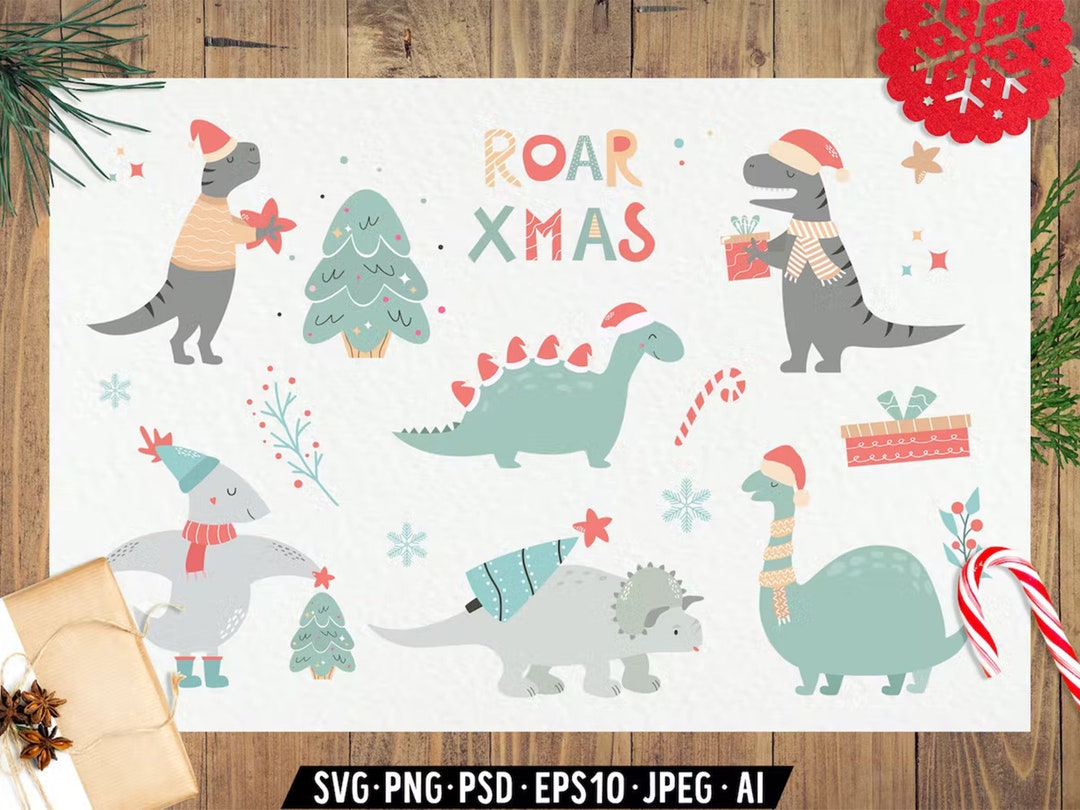 Christmas Dinosaur Clipart Png for Kids Pastel Cute Design Printable ...