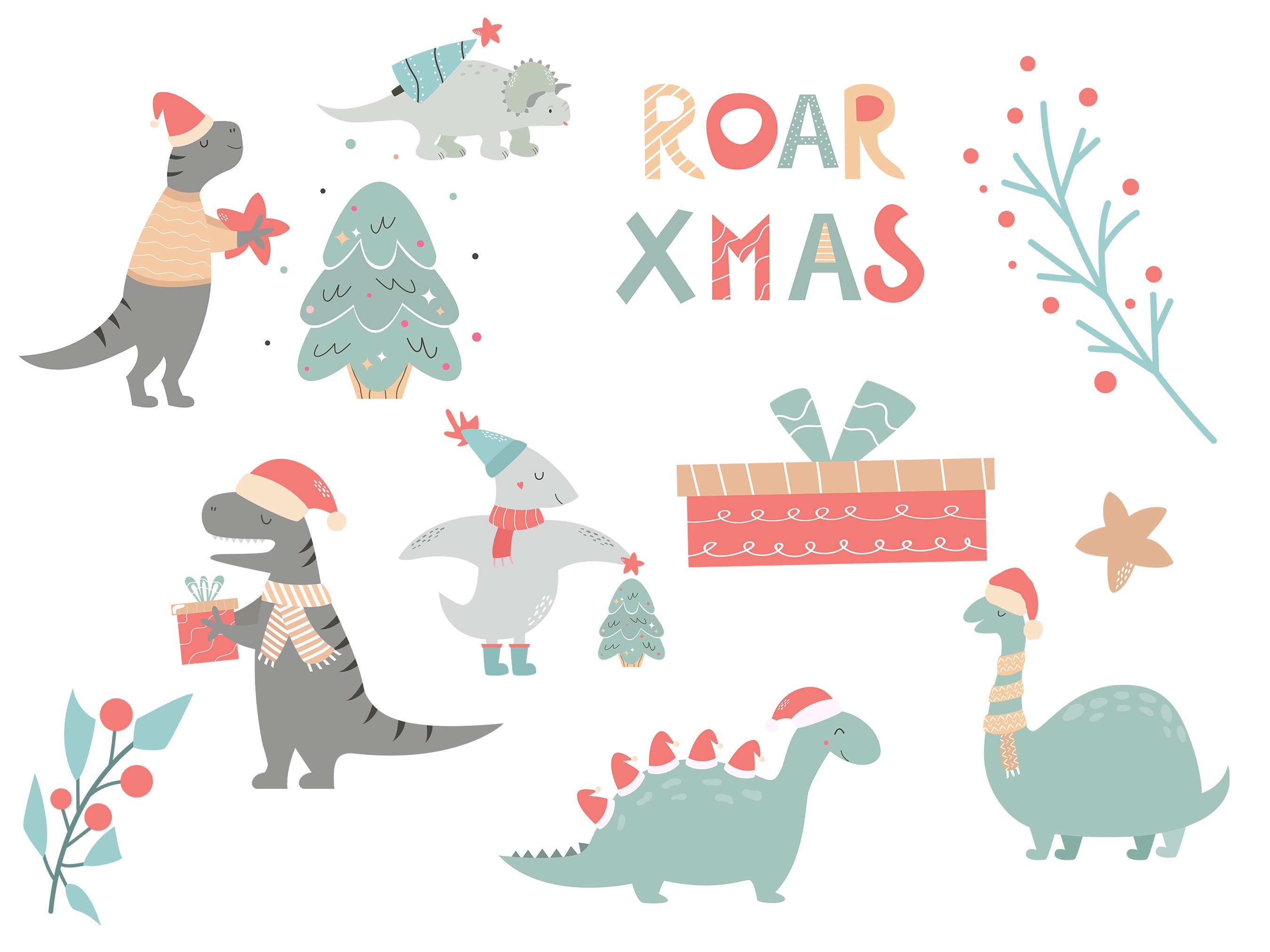 Christmas Dinosaur Clipart Png for Kids Pastel Cute Design Printable ...