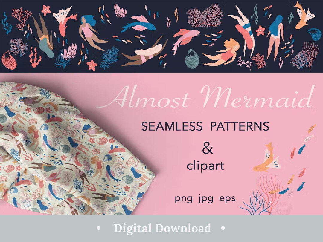 Mermaid Digital Paper Cute Sea Animals Papers Colorful Seamless Pattern ...