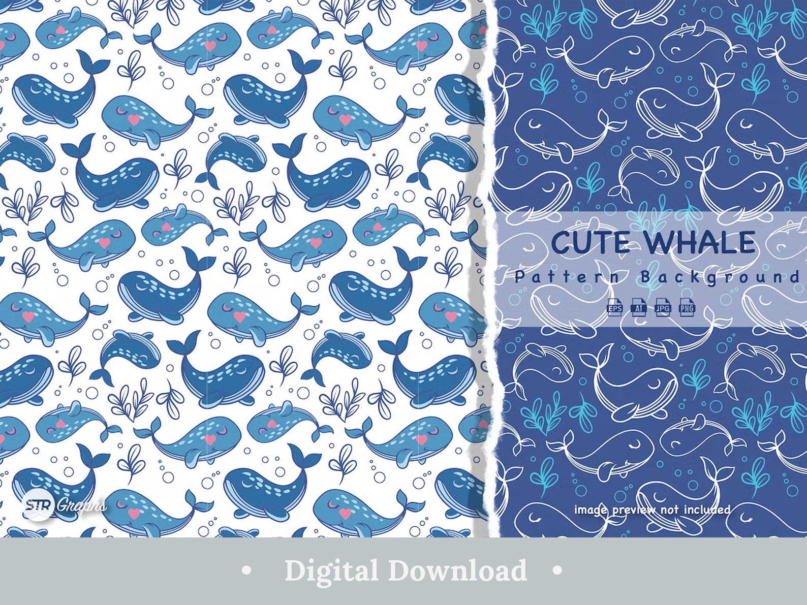 Cute Whale Digital Paper Sea Animals Scrapbook Papers Colorful Blue ...