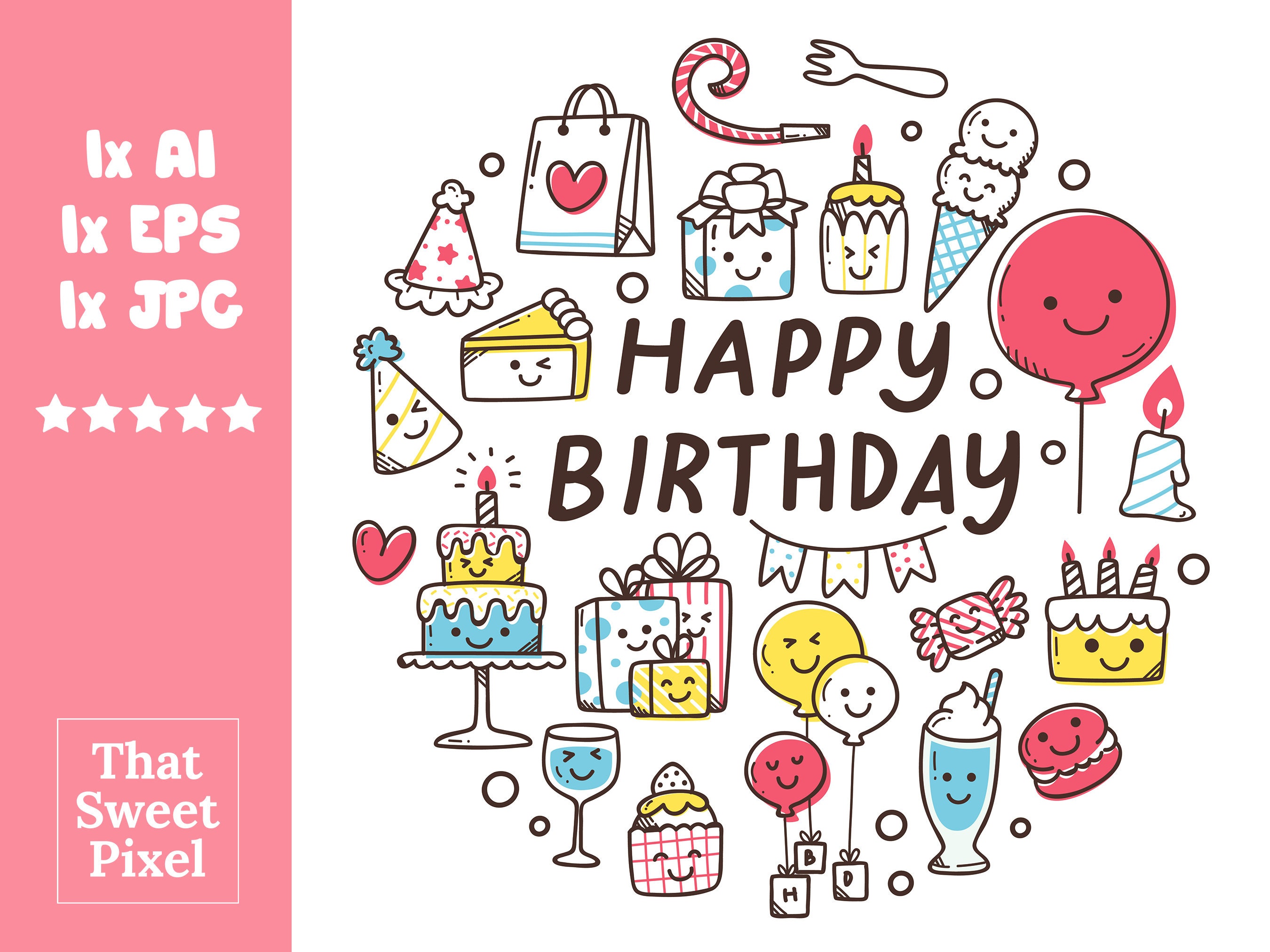 Cute Kawaii Clipart Happy Birthday Colorful Illustration - Etsy