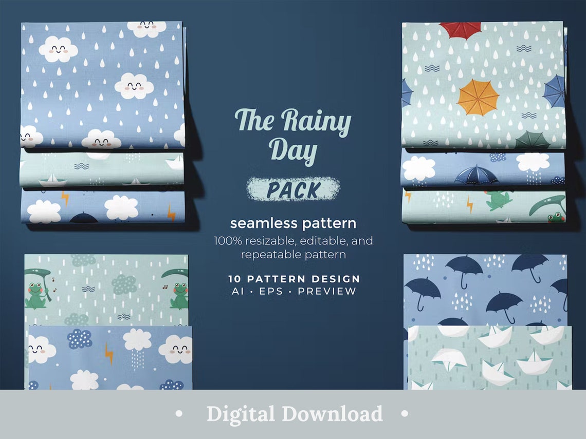 Rain Digital Paper Cute Clouds Umbrella Scrapbook Papers Colorful ...