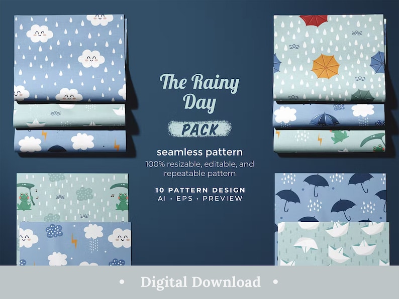 Rain Digital Paper Cute Clouds Umbrella Scrapbook Papers Colorful ...