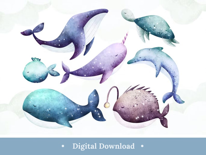 Watercolor Ocean Animals Clipart Png for Kids Baby Nursery Decor Cute ...