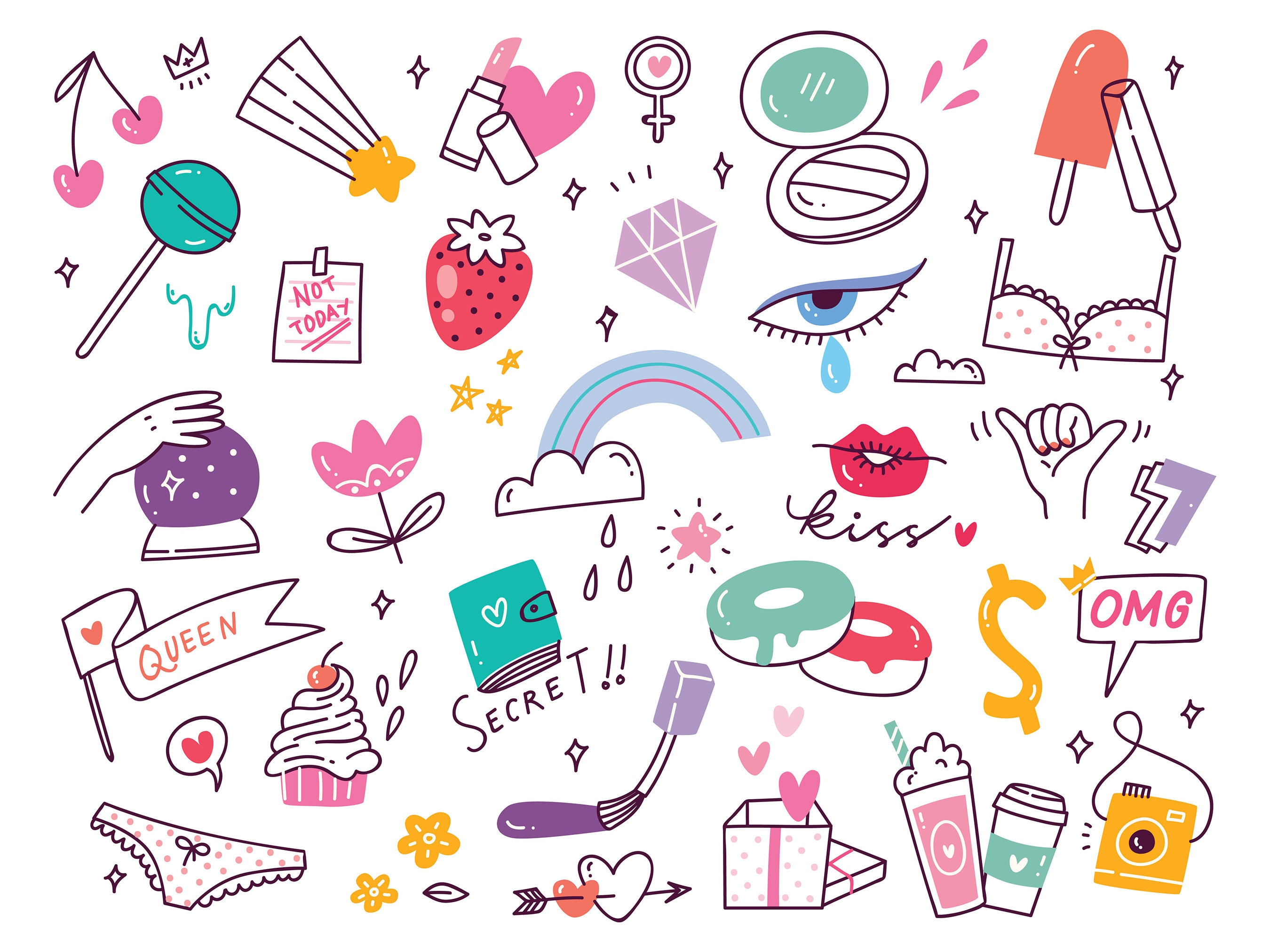 Cute Kawaii Clipart Sweet Girly Things Colorful Illustration - Etsy