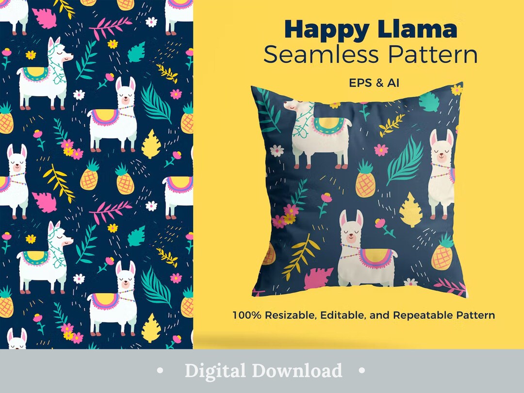 Cute Llama Digital Paper Pineapple Scrapbook Papers Colorful Seamless ...