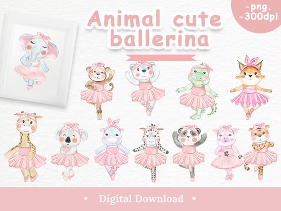 Watercolor Animals Clipart Cute Pastel Pink Ballerina Png for - Etsy