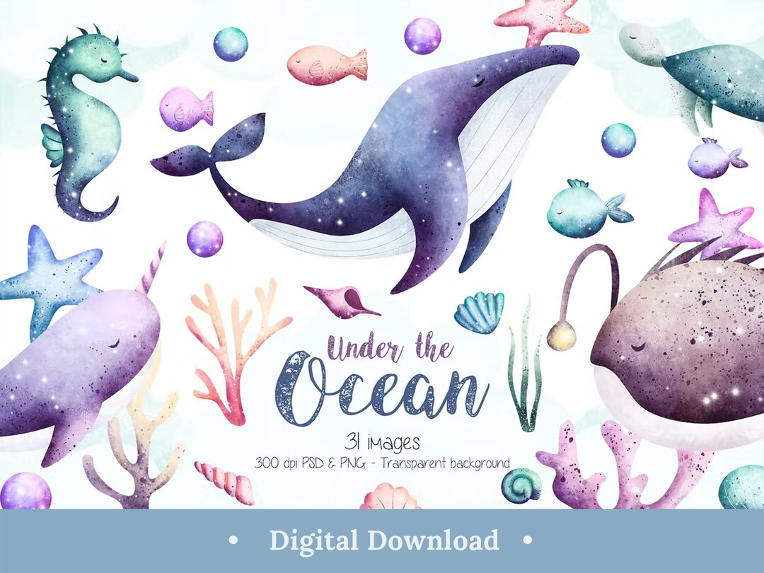 Watercolor Ocean Animals Clipart Png for Kids Baby Nursery Decor Cute ...