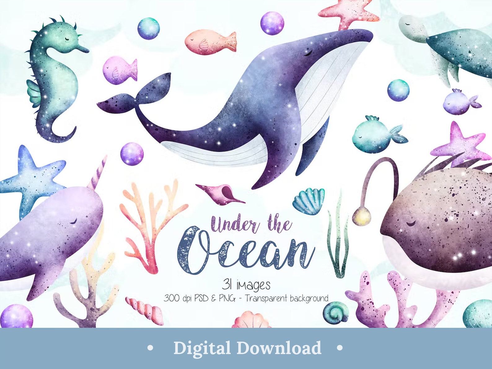 Watercolor Ocean Animals Clipart Png for Kids Baby Nursery - Etsy