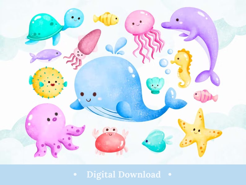 Watercolor Sea Animal Clipart Png for Kids Baby Nursery Decor Cute ...