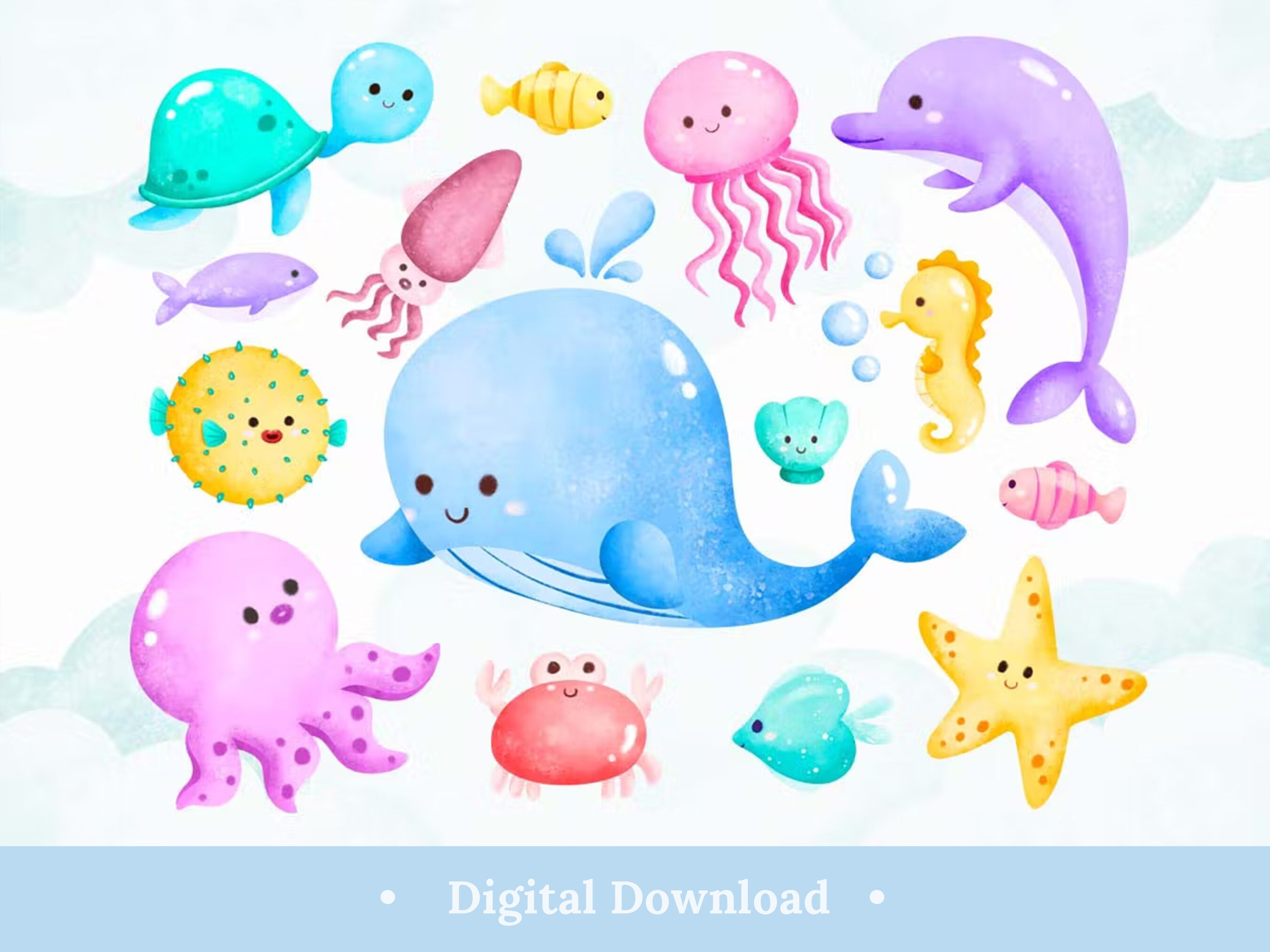 Watercolor Sea Animal Clipart Png for Kids Baby Nursery Decor Cute ...