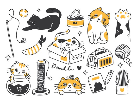 Cute Kawaii Clipart Cat Doodle Colorful Illustration Graphics - Etsy