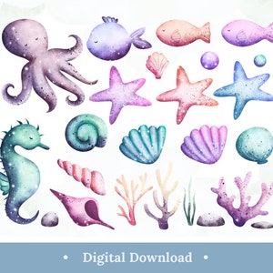 Watercolor Ocean Animals Clipart Png for Kids Baby Nursery Decor Cute ...