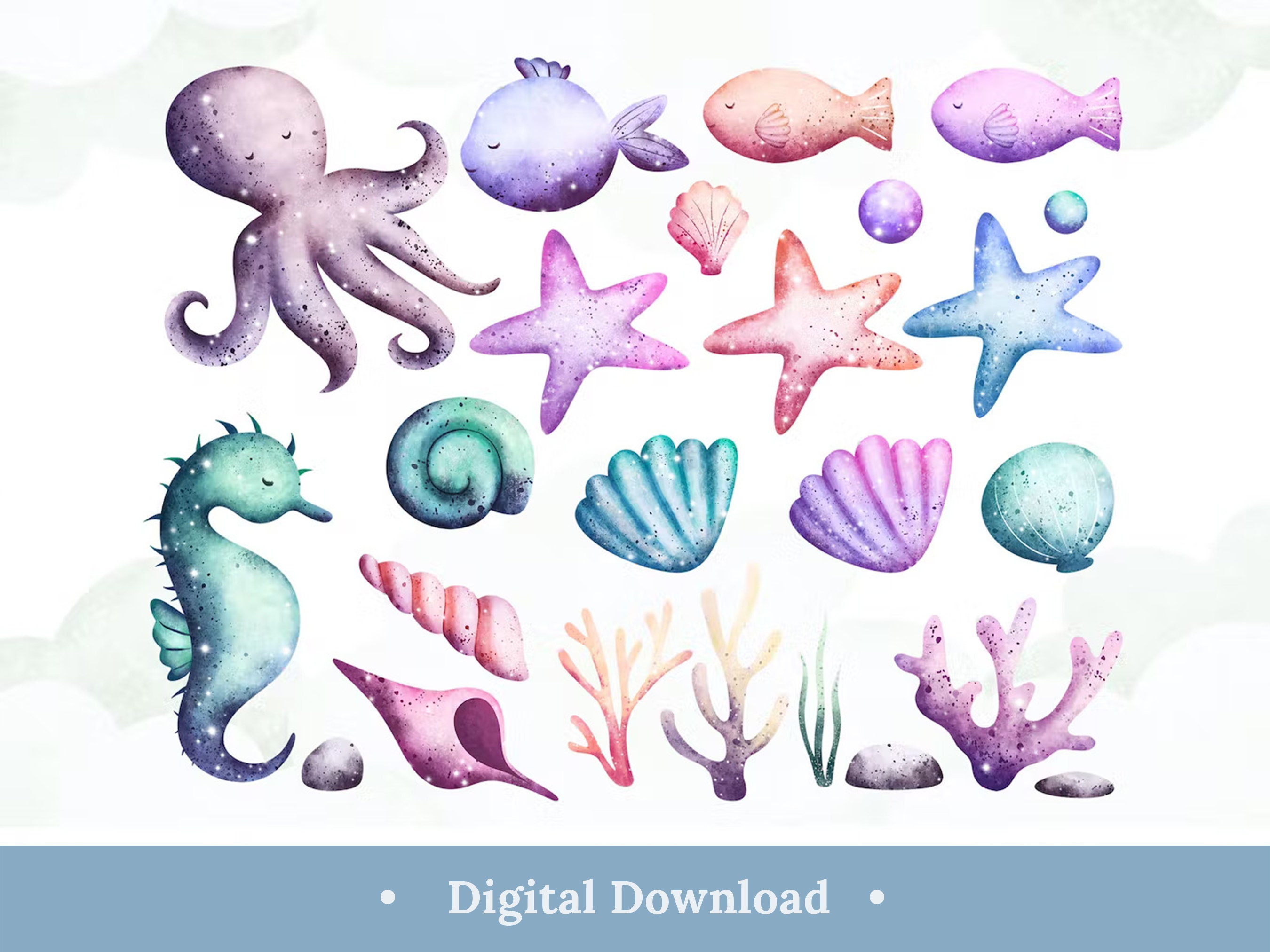 Watercolor Ocean Animals Clipart Png for Kids Baby Nursery Decor Cute ...