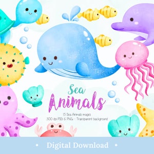 Watercolor Sea Animal Clipart Png for Kids Baby Nursery Decor Cute ...