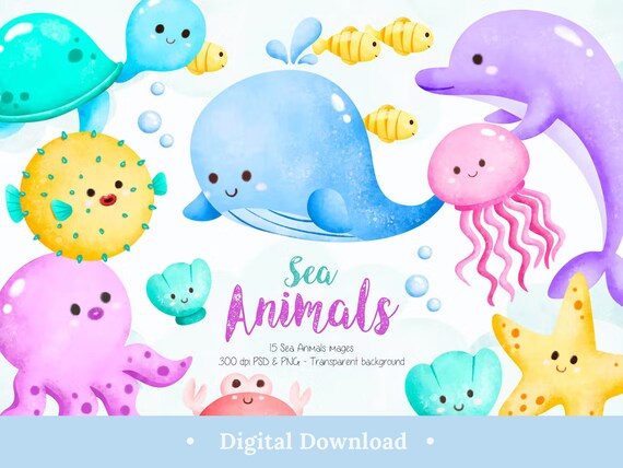 Watercolor Sea Animal Clipart Png for Kids Baby Nursery Decor - Etsy