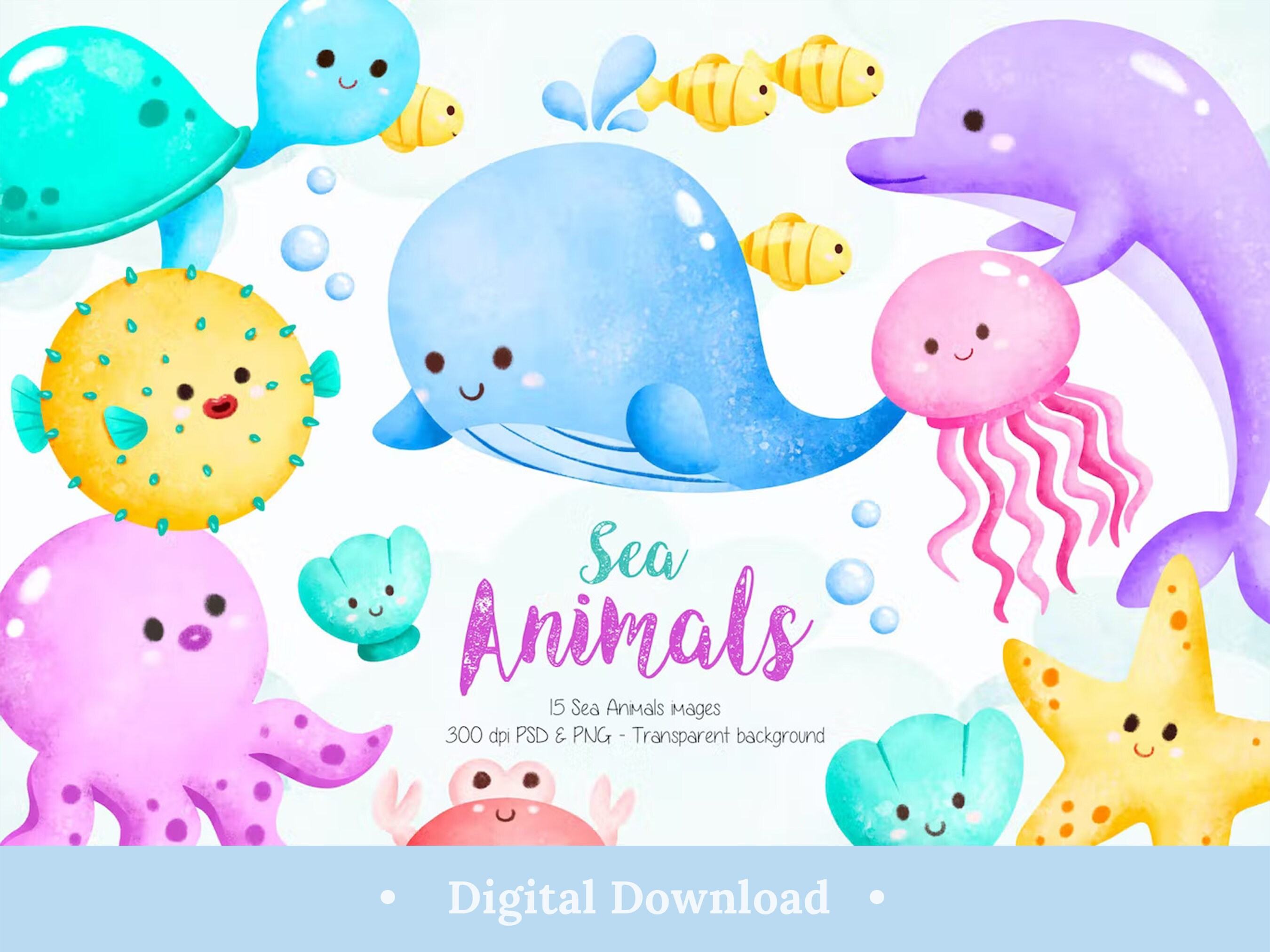 Watercolor Sea Animal Clipart Png for Kids Baby Nursery Decor Cute ...