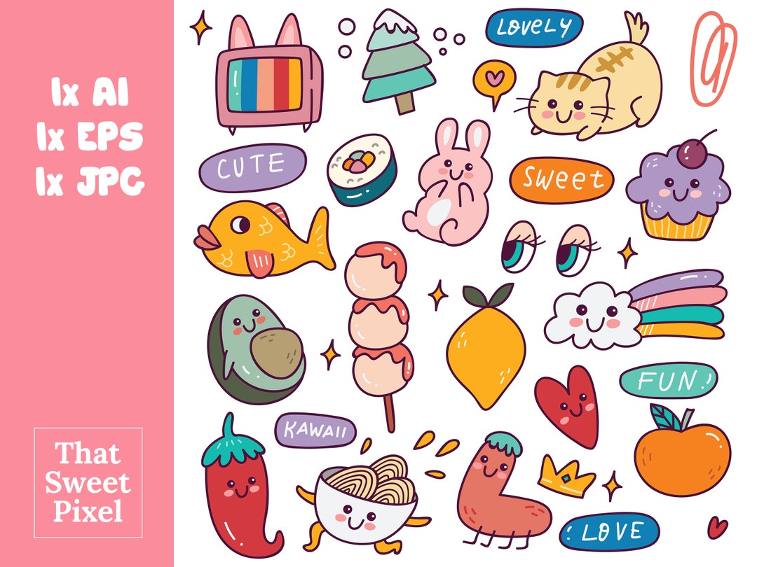 Cute Kawaii Clipart Sweet Girly Things Colorful Illustration Graphics Vector Individual Elements